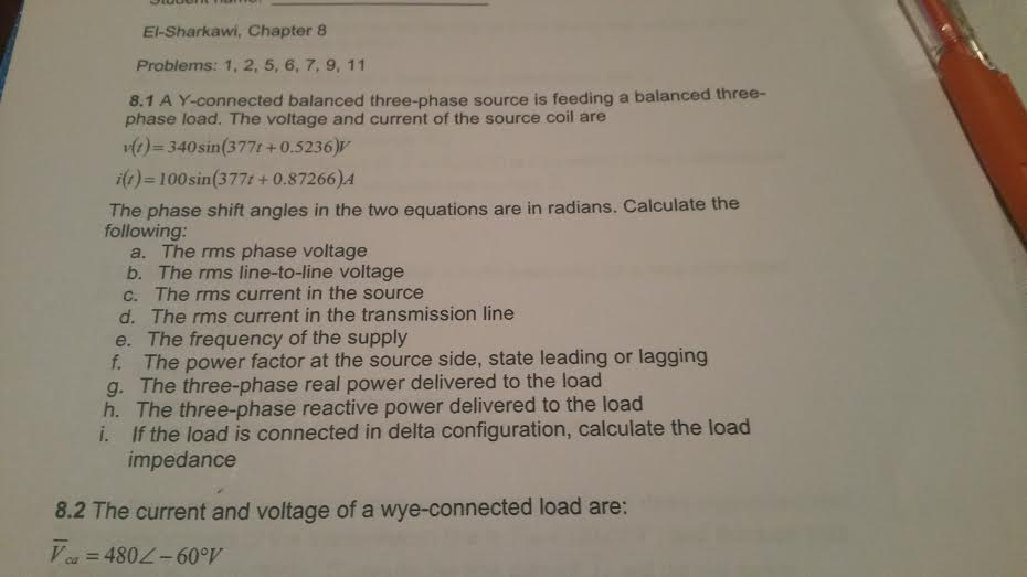 Solved 8 1 A Y Connected Balanced Three Phase Source Is