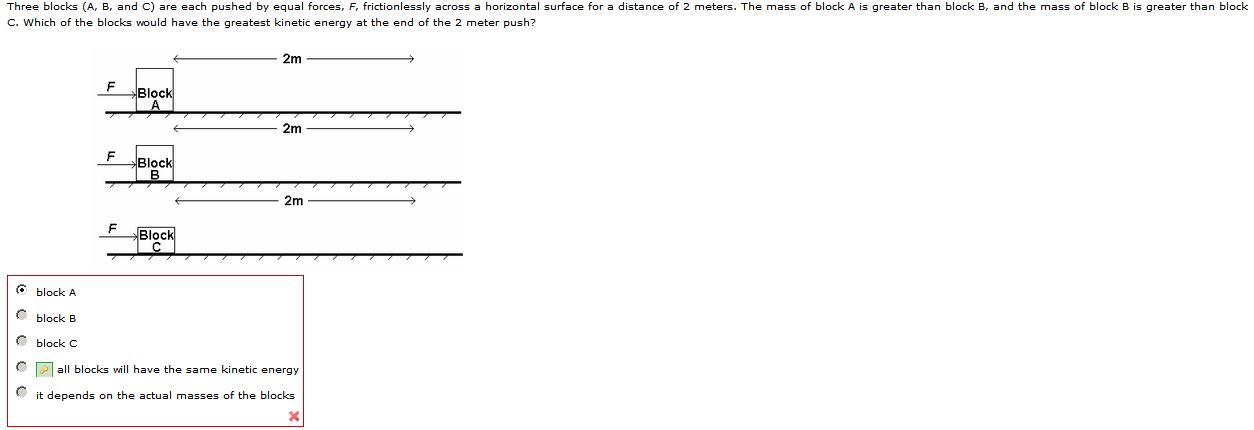 Solved Three blocks (A, B, and C) are each pushed by equal | Chegg.com