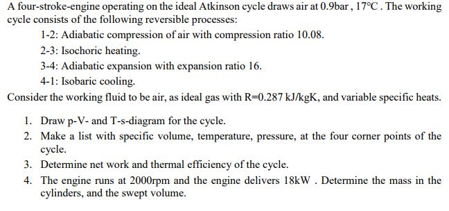 Solved A Four Stroke Engine Operating On The Ideal Atkinson