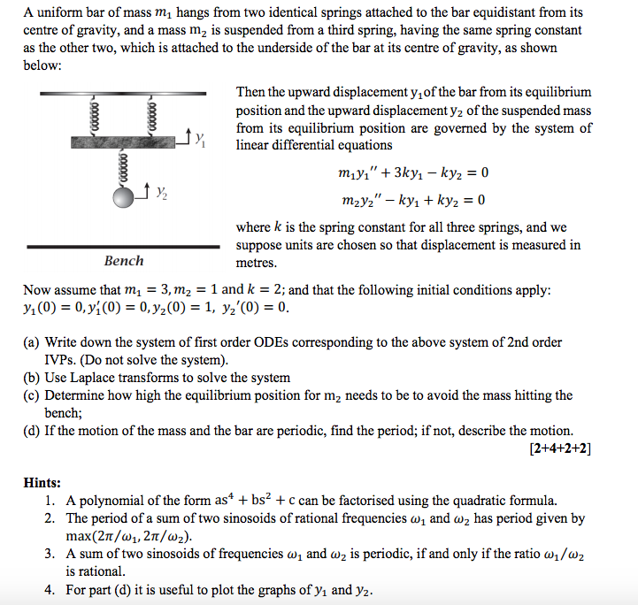 Solved A uniform bar of mass m1 hangs from two identical | Chegg.com