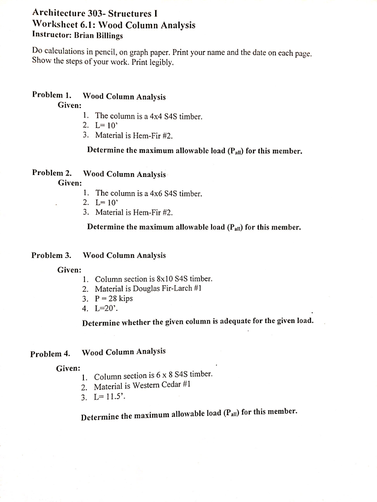 Solved Architecture 303- Structures I Worksheet 5.6: Wood | Chegg.com