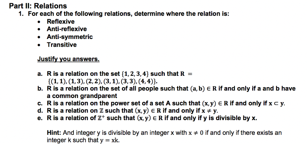 Solved Part II: Relations 1. For each of the following | Chegg.com