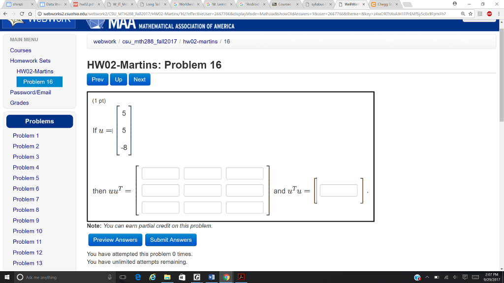 Solved ← CO ⓘwebworks2.csuonio MTH288 Fal 2017/HWO2 2667 | Chegg.com