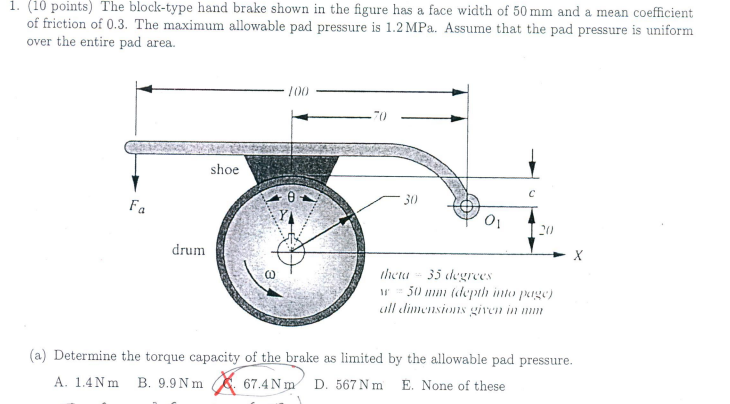 Solved 1. (10 points) The block-type hand brake shown in the | Chegg.com
