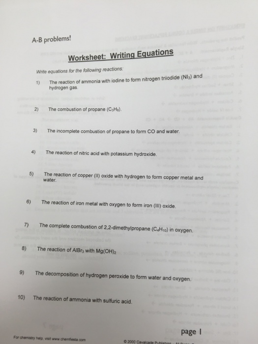 Solved A-B problems! Worksheet: Writing Equations Whte | Chegg.com