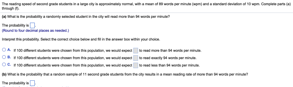 Solved The reading speed of second grade students in a large | Chegg.com