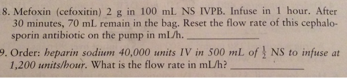 Solved Mefoxin (cefoxitin) 2 g in 100 mL NS IVPB. Infuse in | Chegg.com