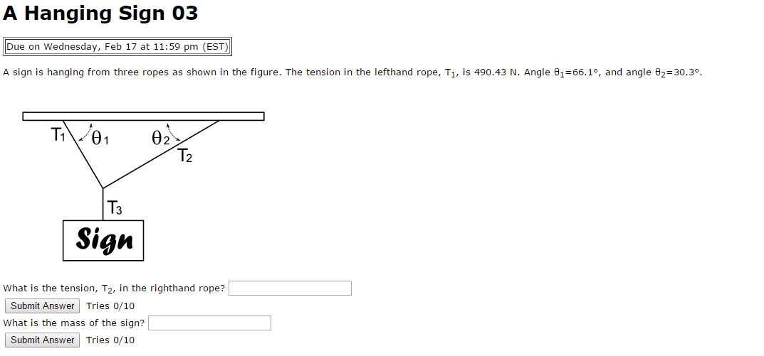 Solved A sign is hanging from three ropes as shown in the | Chegg.com