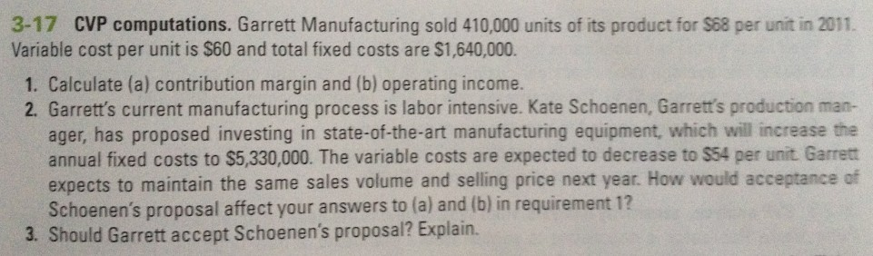 Solved CVP computations. Garrett Manufacturing sold 410,000 | Chegg.com