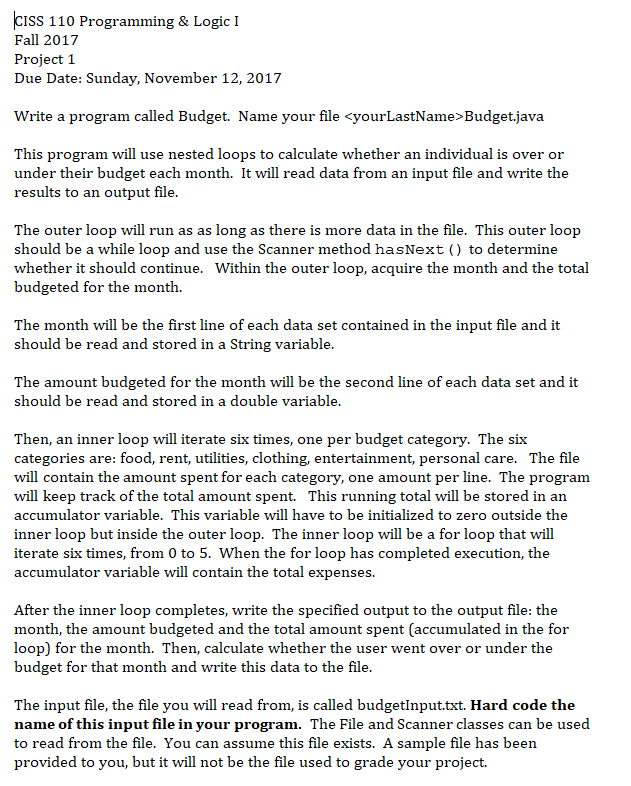 Solved CISS 110 Programming & Logic I Fall 2017 Project 1 | Chegg.com