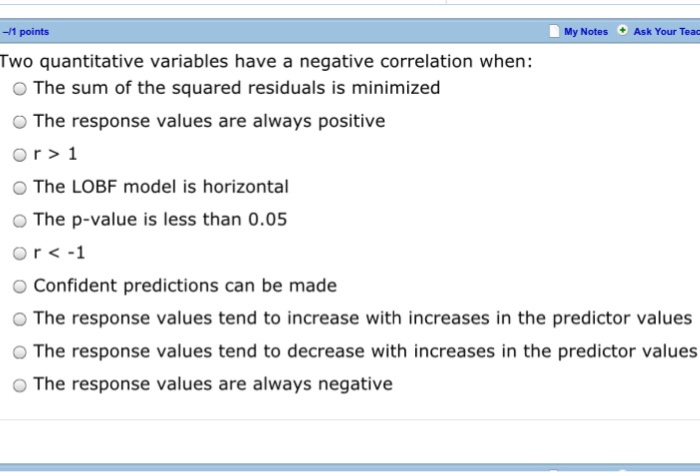 Solved Two quantitative variables have a negative | Chegg.com