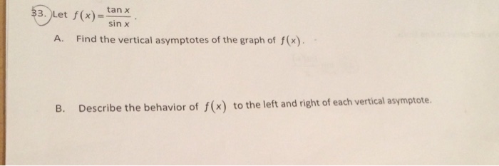 Solved Let f(x)=tan x/sin x A. Find the vertical asymptotes | Chegg.com
