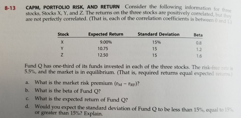 Solved CAPM, PORTFOLIO RISK, AND RETURN Consider the | Chegg.com