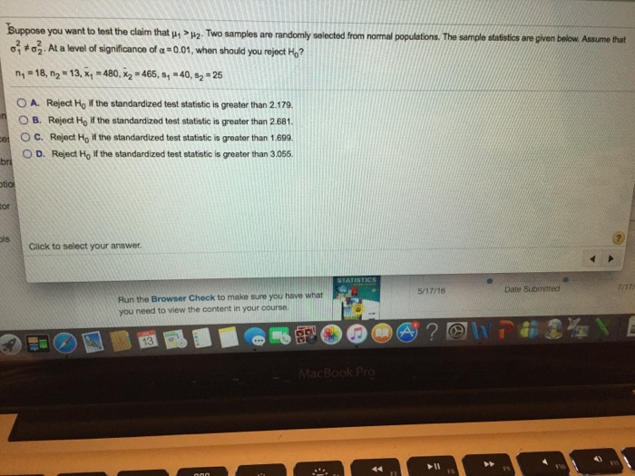 Solved Suppose you want to test the claim that mu_1 > mu_2. | Chegg.com