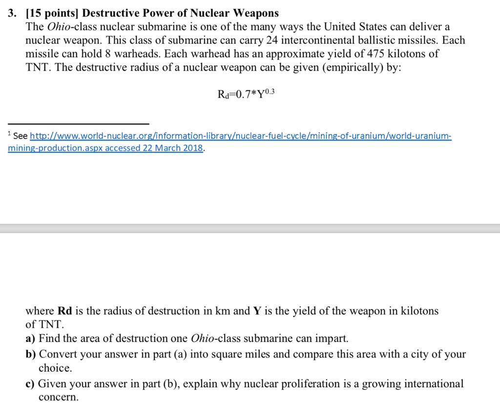 Solved 3. [15 points] Destructive Power of Nuclear Weapons | Chegg.com