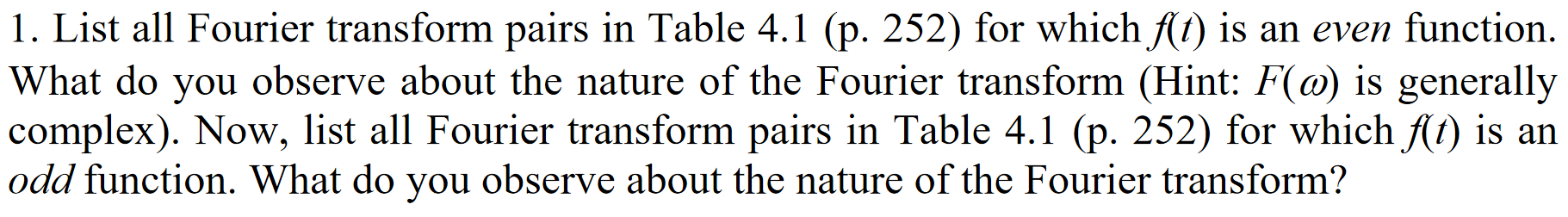 Solved 1. List all Fourier transform pairs in Table 4.1 (p. | Chegg.com