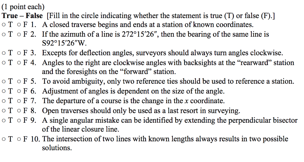 Solved (1 point each) True - False [Fill in the circle | Chegg.com
