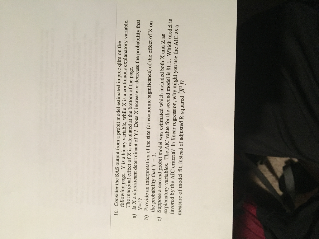 10. Consider the SAS output from a probit model | Chegg.com