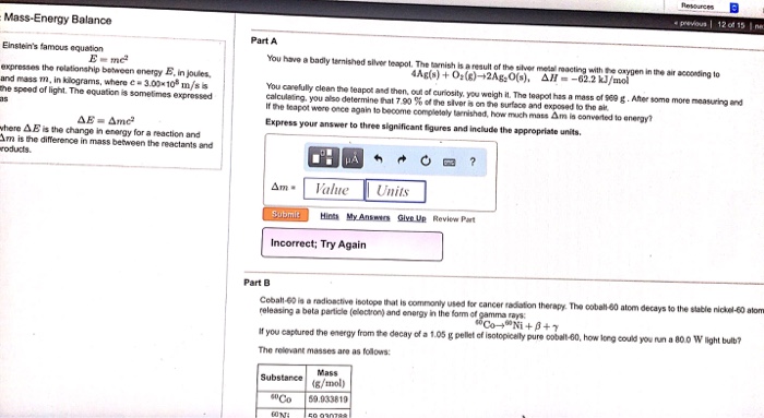 Solved Mass-Energy Balance Part A Einstein's famous equation | Chegg.com