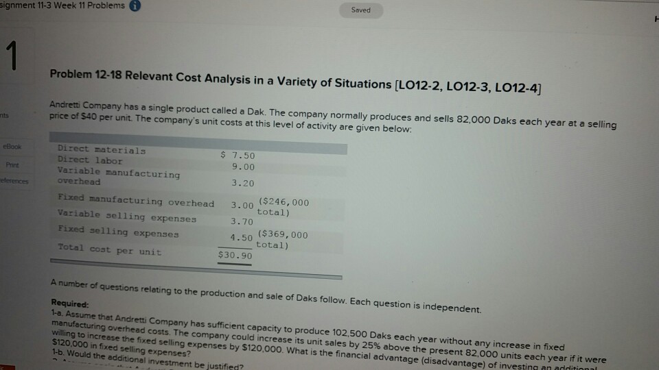 Solved Saved signment 11-3 Week 11 Problems。 Problem 12-18 | Chegg.com