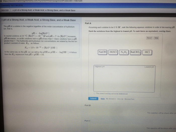 Solved The pH of a solution is the negative logarithm of the | Chegg.com