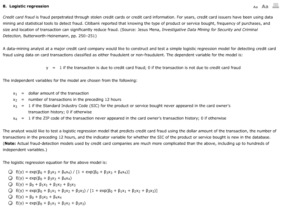 Solved 8. Logistic regression Aa Aa Credit card fraud is | Chegg.com
