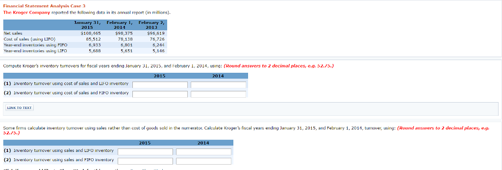 Solved The Kroger Company reported the following data in its | Chegg.com