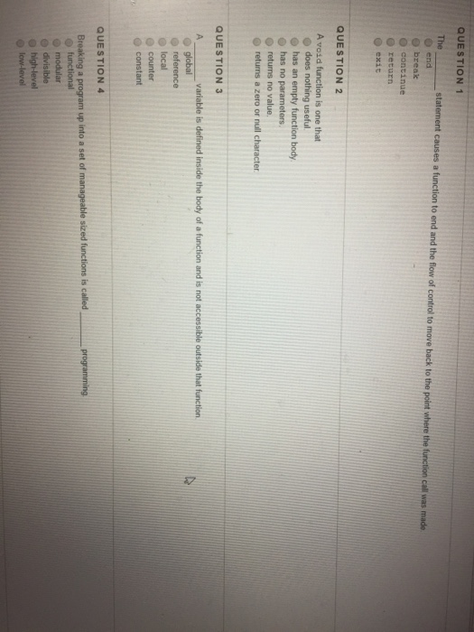 Solved The statement causes a function to end and the flow | Chegg.com