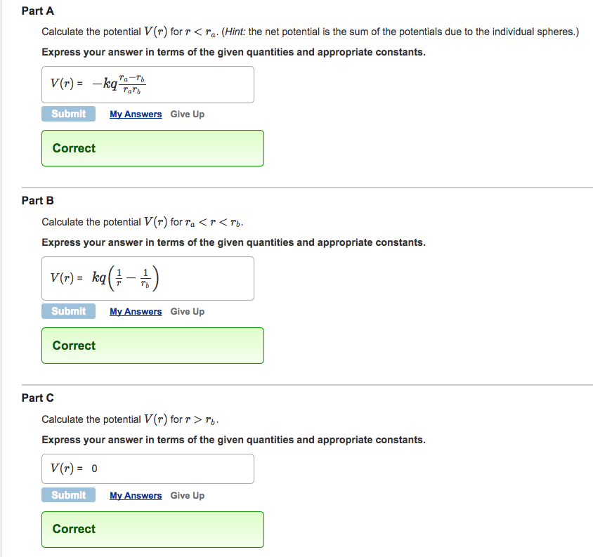 Solved Part A Calculate the potential V(r) forr T Express | Chegg.com
