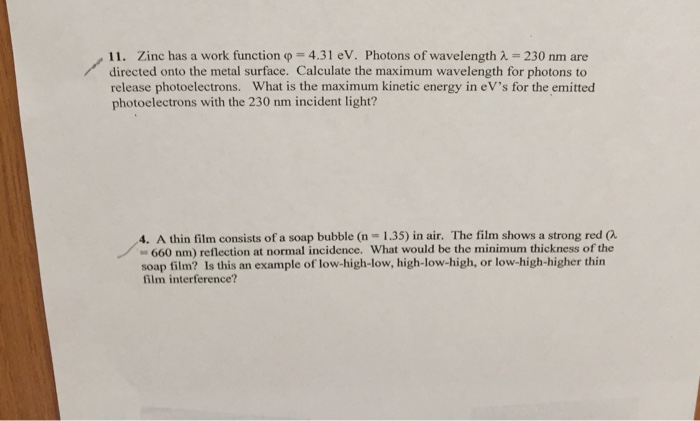 Solved Zinc has a work function phi = 4.31 eV. Photons of | Chegg.com