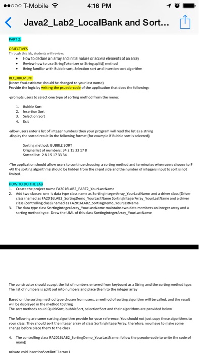 Solved ..oooT-Mobile令 4:16 PM Java2 Lab2_LocalBank and | Chegg.com