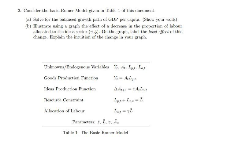 Solved 2. Consider the basic Romer Model given in Table 1 of | Chegg.com
