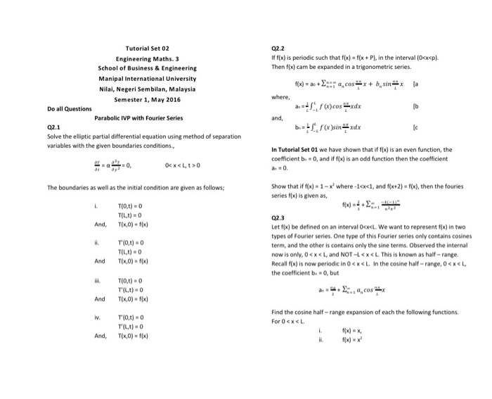 Solved Tutorial Set 01 Engineering Maths. 3 School of | Chegg.com