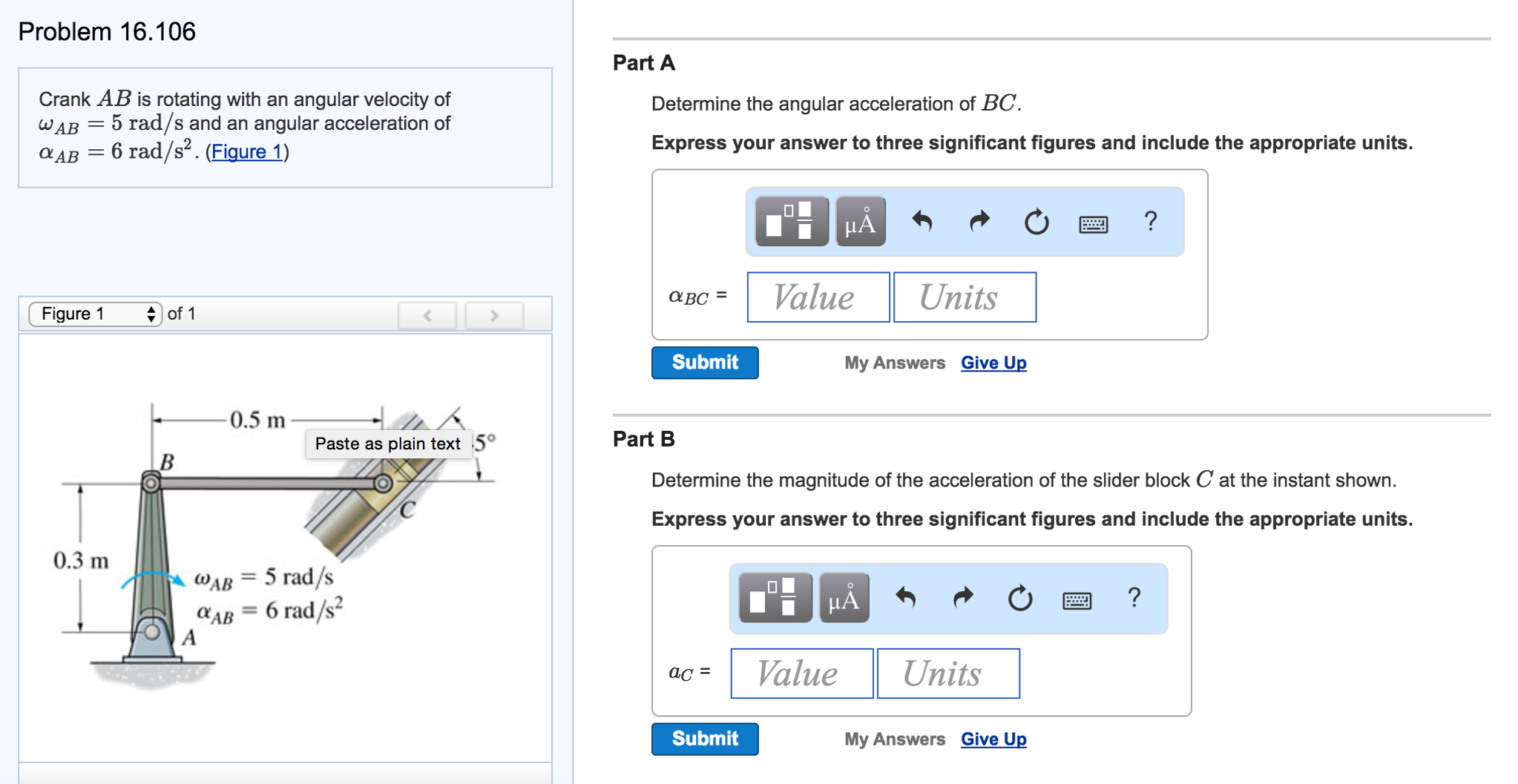 Solved Problem 16.106 Crank AB is rotating with an angular | Chegg.com