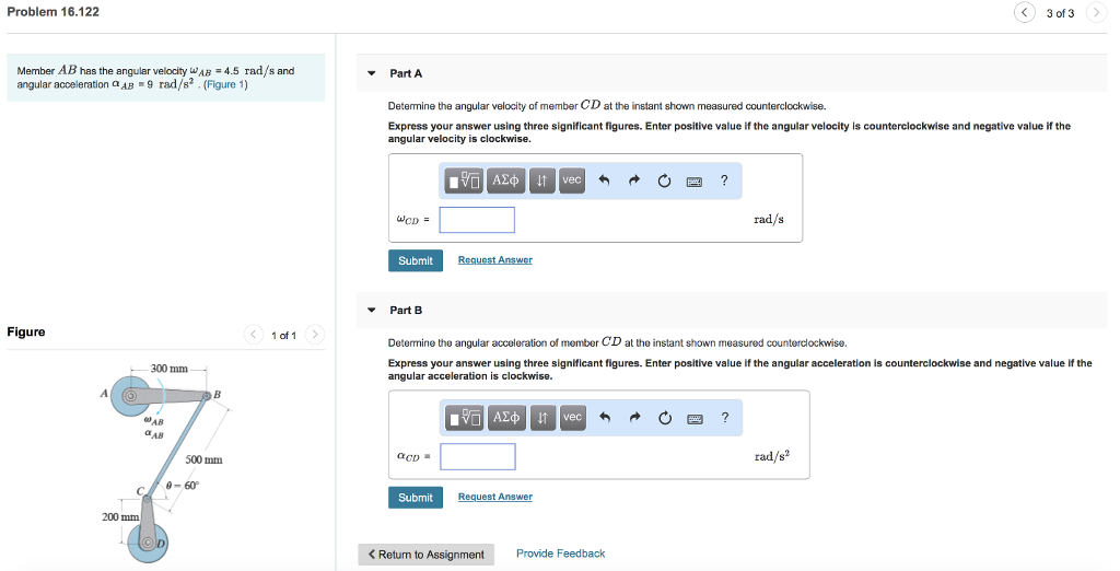 Solved Problem 16.122 3 of3 Member AB has the angular | Chegg.com