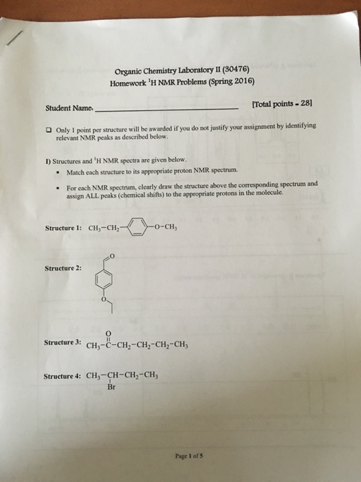 Solved Organic Chemistry Laboratory (30476) Homework 'H NMR | Chegg.com