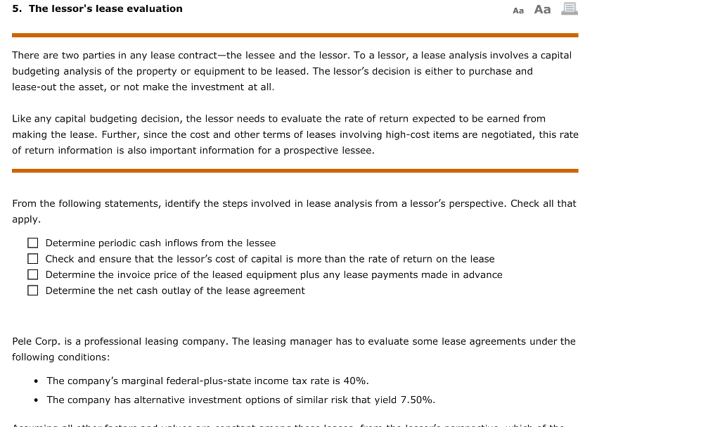 Solved Aa Aa E 5. The lessor's lease evaluation There are | Chegg.com