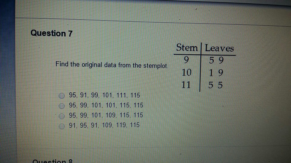 Solved Question 7 Stem Leaves 959 10 1 9 11 55 95 9 Find the | Chegg.com