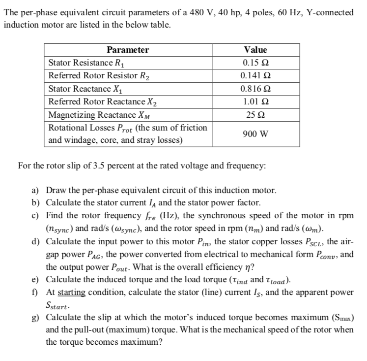 Solved The per-phase equivalent circuit parameters of a 480 | Chegg.com