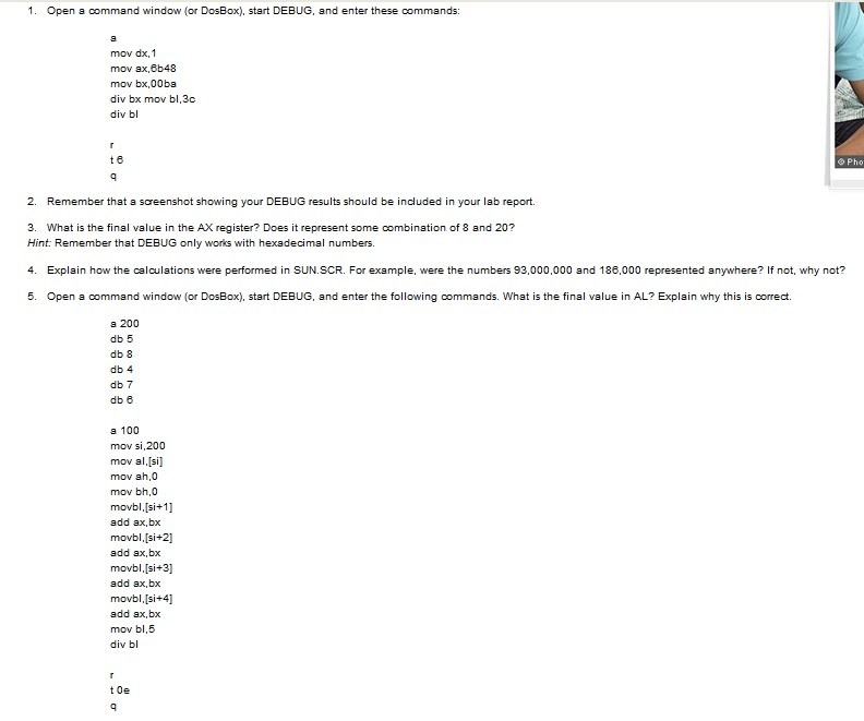 Open a command window (or DosBox), start DEBUG, and | Chegg.com