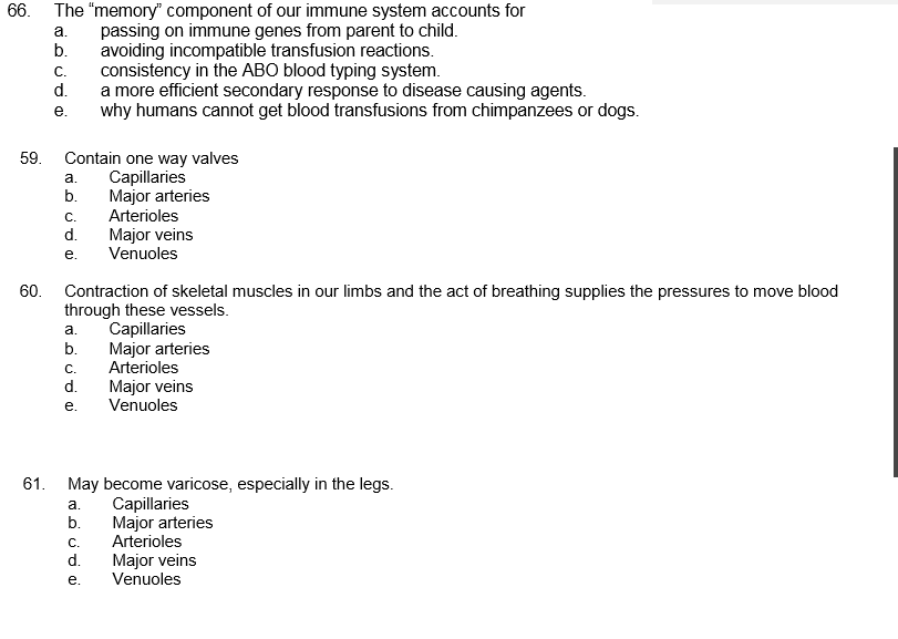 Solved 66. The "memory component of our immune system | Chegg.com