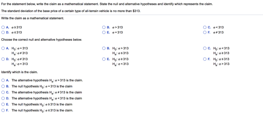 Solved For the statement below, write the claim as a | Chegg.com