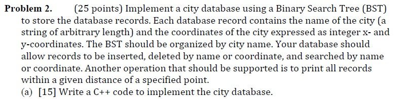 Implement a city database using a Binary Search Tree | Chegg.com