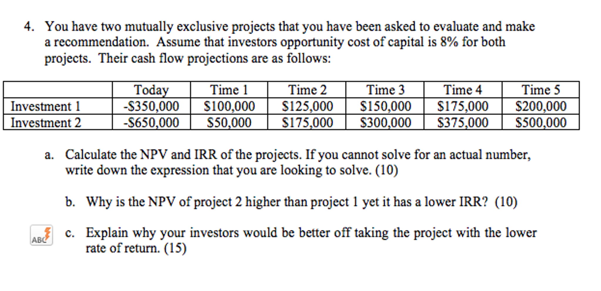 Solved You have two mutually exclusive projects that you | Chegg.com