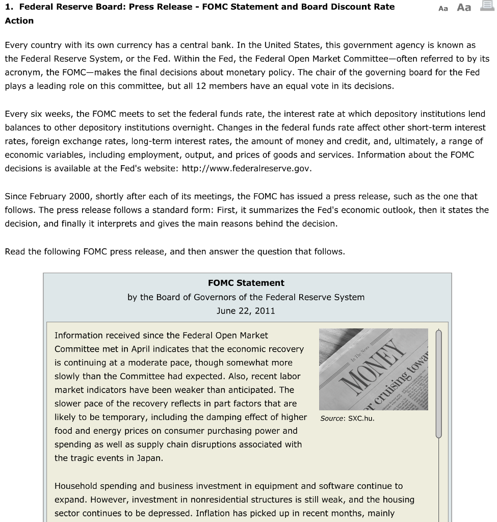Solved 1. Federal Reserve Board: Press Release FOMC | Chegg.com