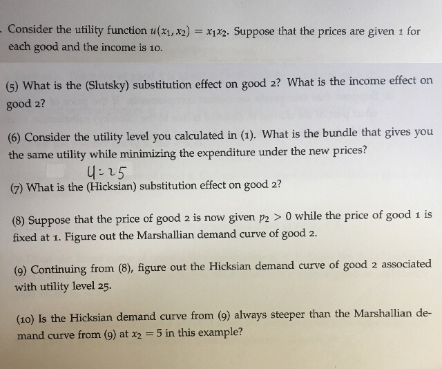 Solved Consider the utility function u(x1,x2)=x1x2. Suppose | Chegg.com