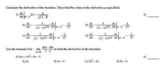 Solved Calculate the derivative of the function. Then find | Chegg.com