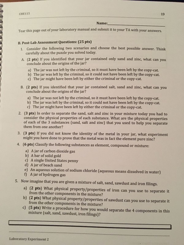 Solved CHE115 19 Name: Tear this page out of your laboratory | Chegg.com