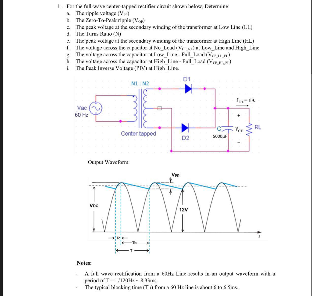 Solved 1. For the full-wave center-tapped rectifier circuit | Chegg.com