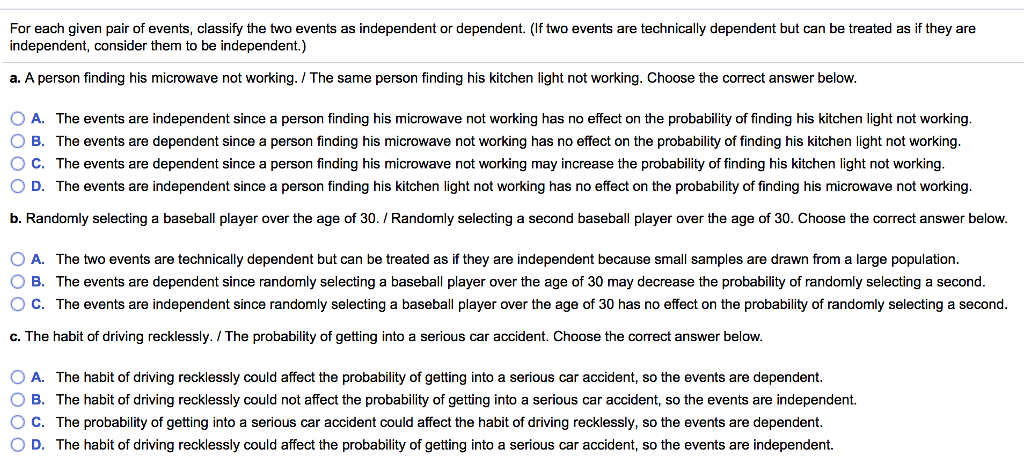 Solved For each given pair of events, classify the two | Chegg.com